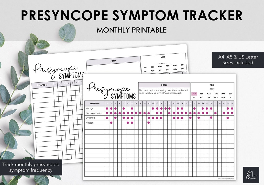 Presyncope Tracker | Track Monthly Symptoms Before Syncope | Printable ...