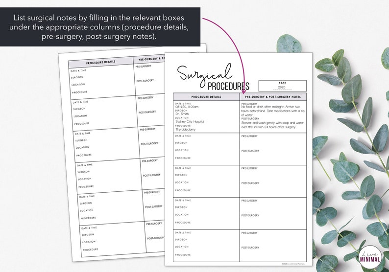 Surgical Procedure Printable | Surgical History Printable to Chart ...