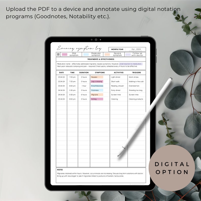 Printable and Fillable Evening Symptom Journal to Chart Evening ...