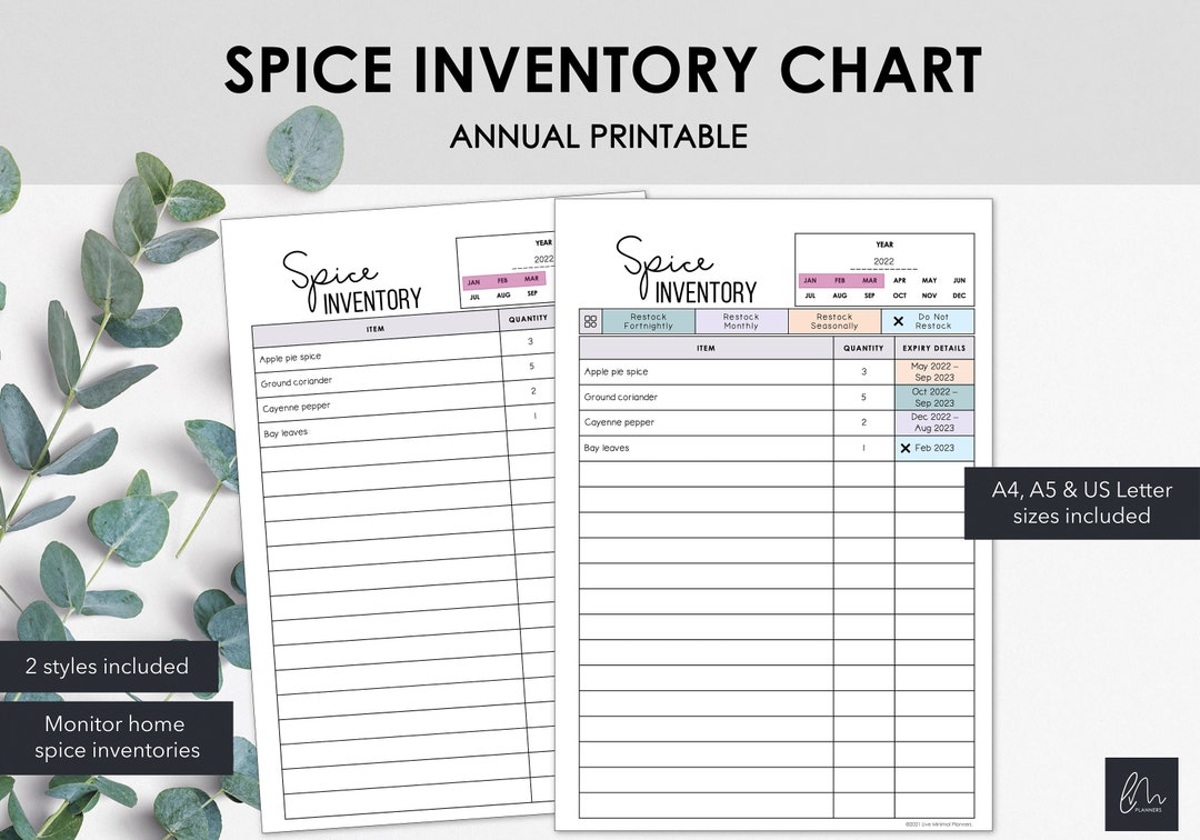 Spice Inventory Charts | List Kitchen Spices in a Printable Household ...