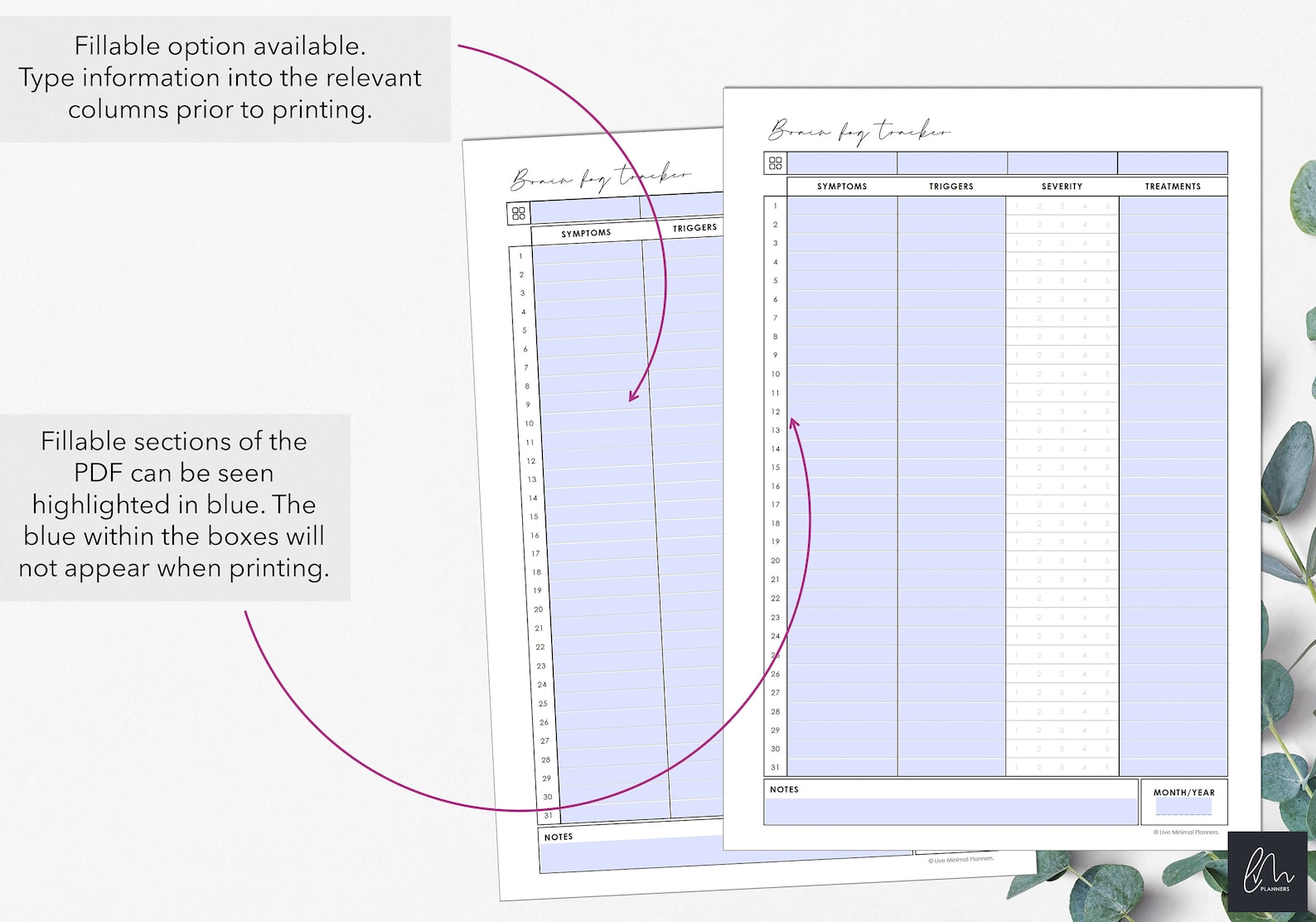 Printable and Fillable Monthly Brain Fog Severity Trackers | Track ...