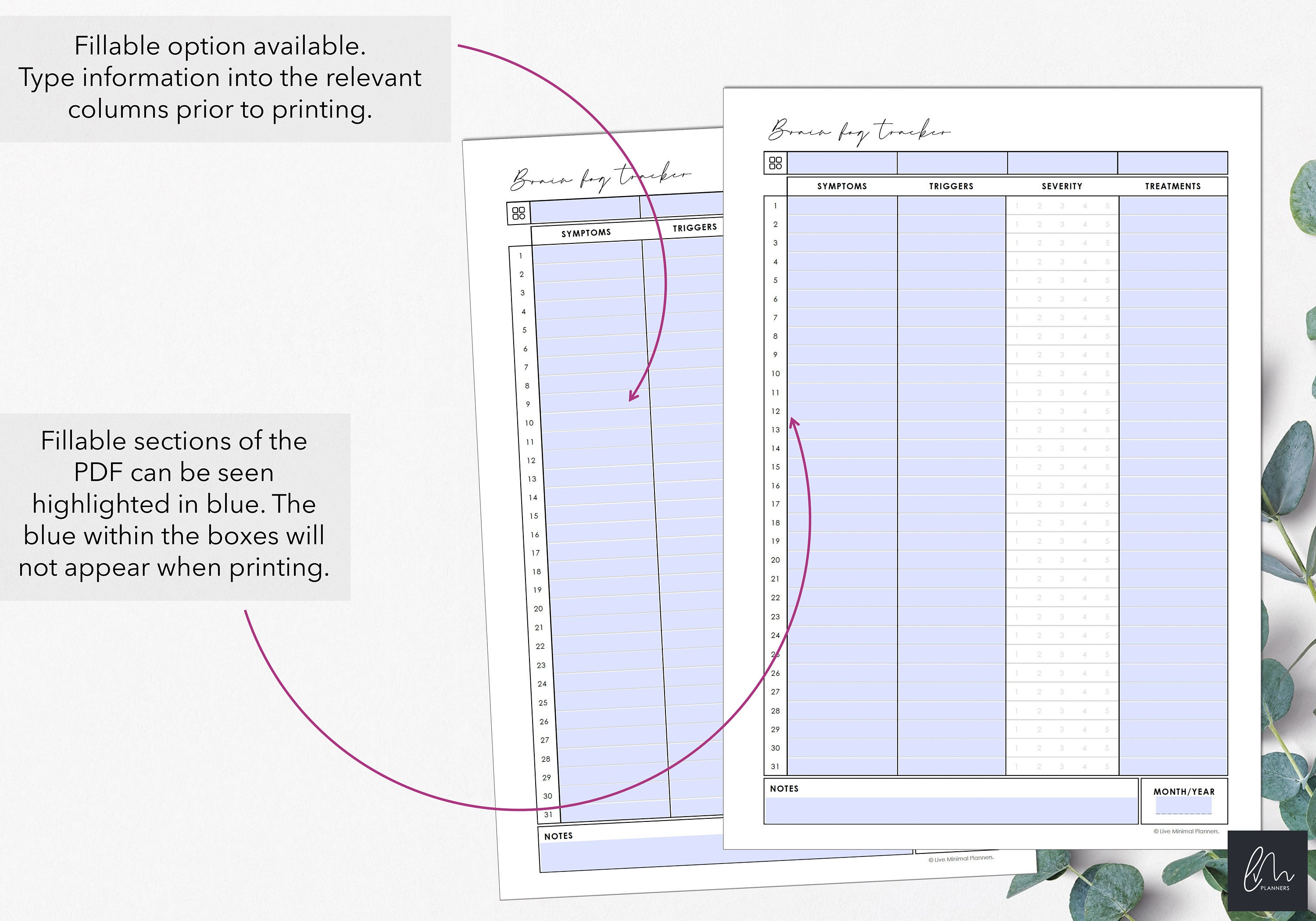 Printable and Fillable Monthly Brain Fog Severity Trackers Track Daily ...