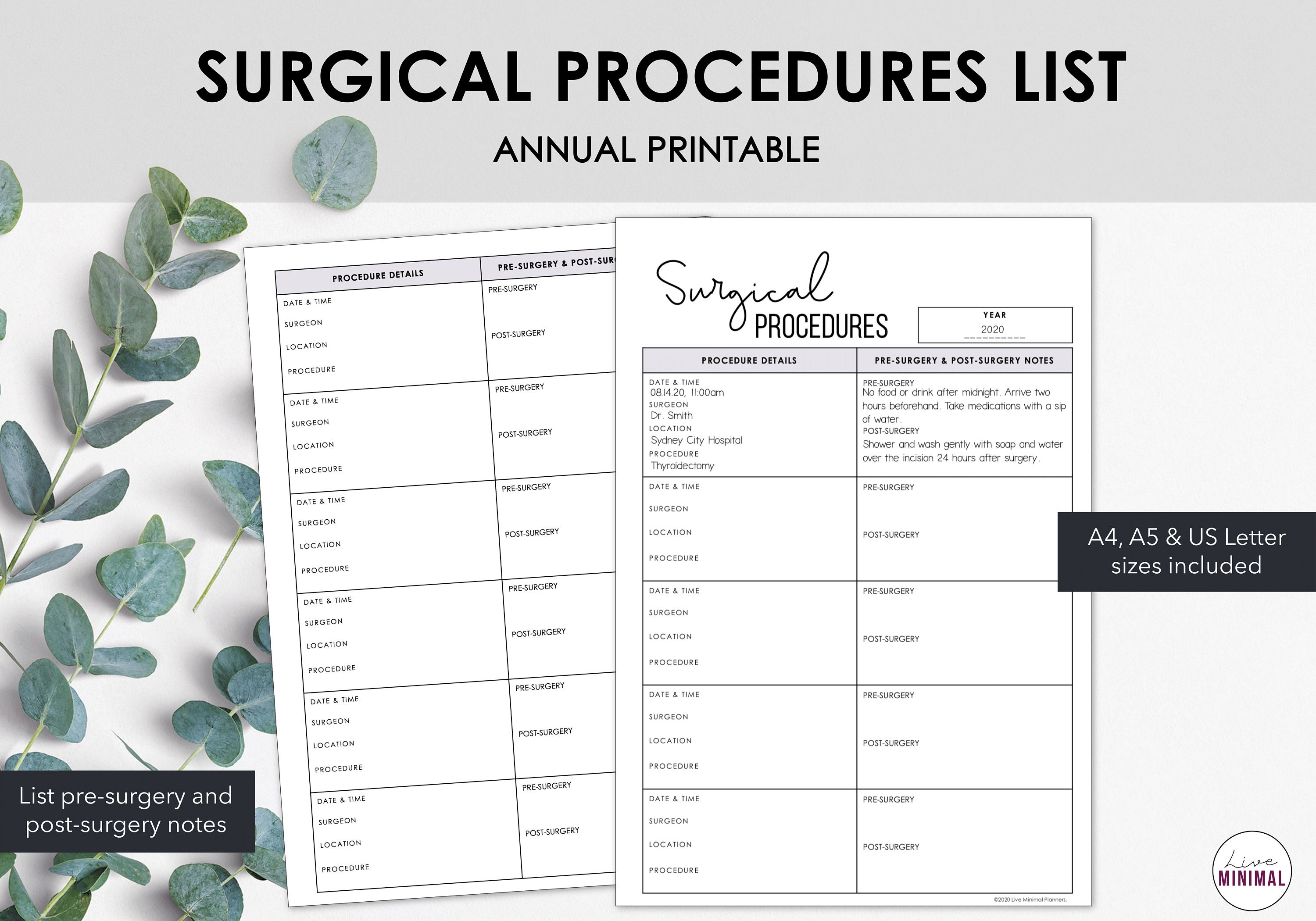 Surgical Procedure Printable | Surgical History Printable to Chart ...