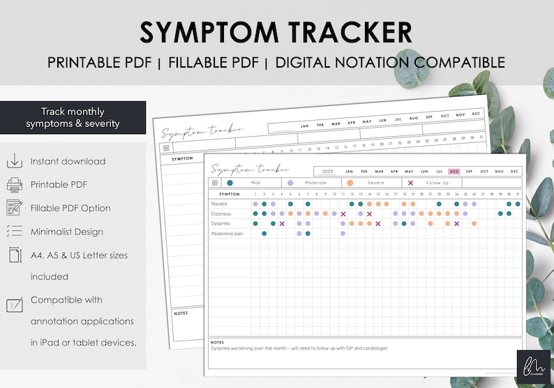 Printable and Fillable Monthly Symptom Tracker to Chart Monthly Symptom ...