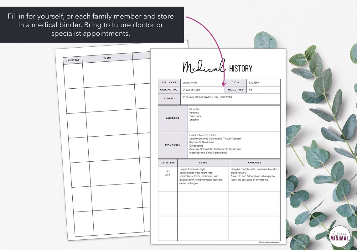 Medical History Chart Printable Health History Printable - Etsy