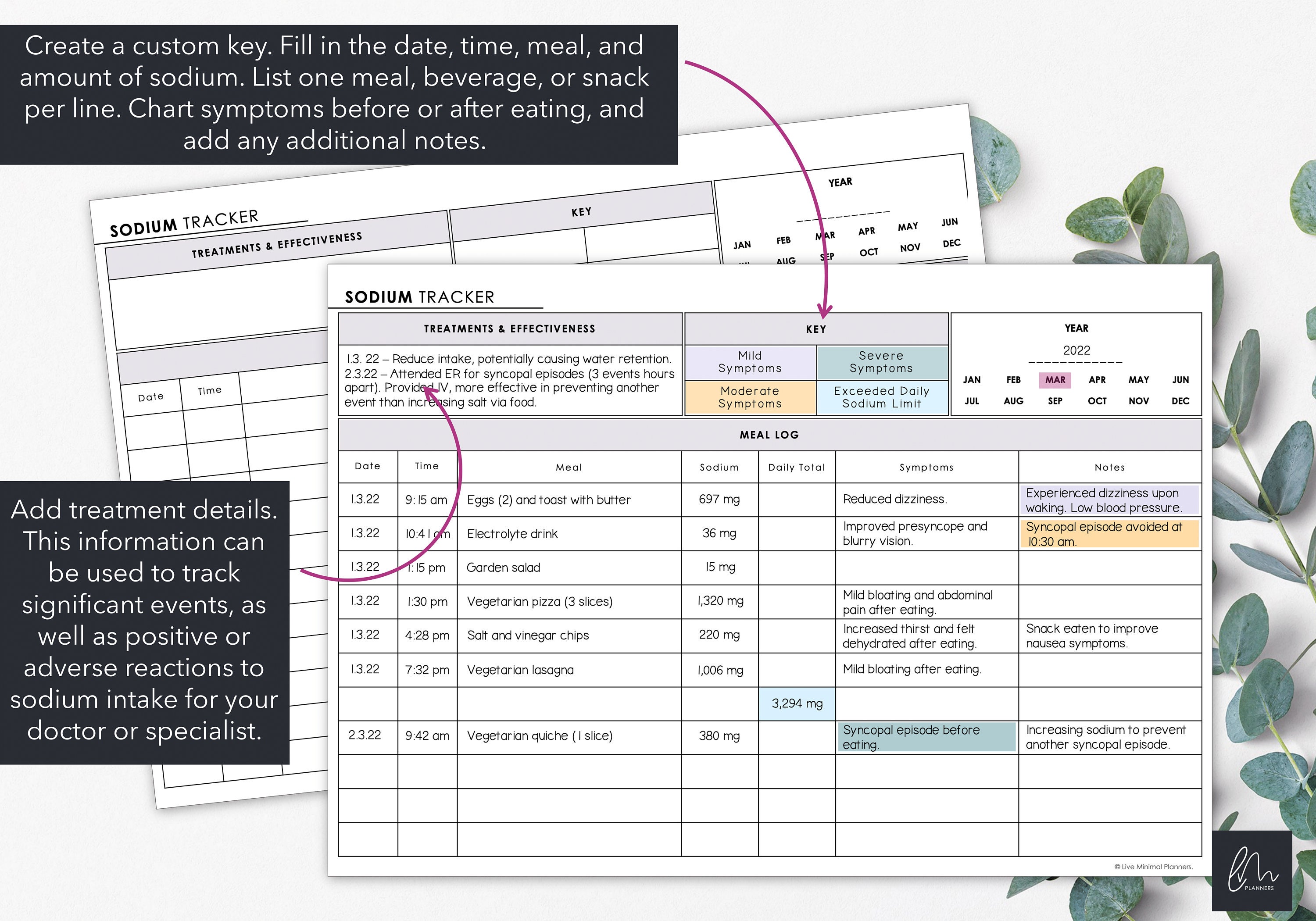 Sodium Intake Tracker | Chart Daily Meals Amount of Sodium Symptoms ...