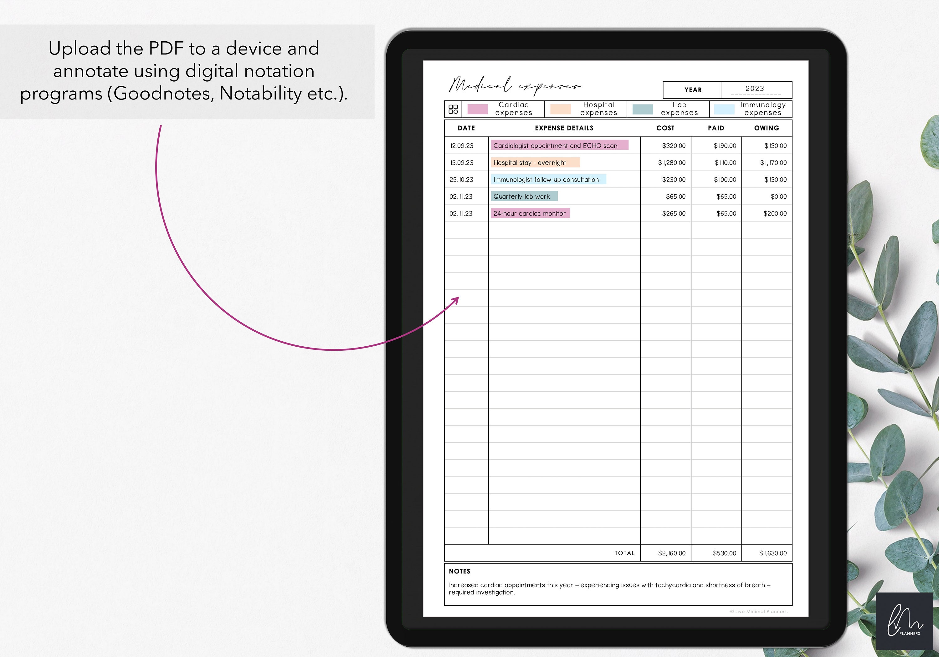 Printable and Fillable Annual Medical Expense Tracker, Chart Chronic ...