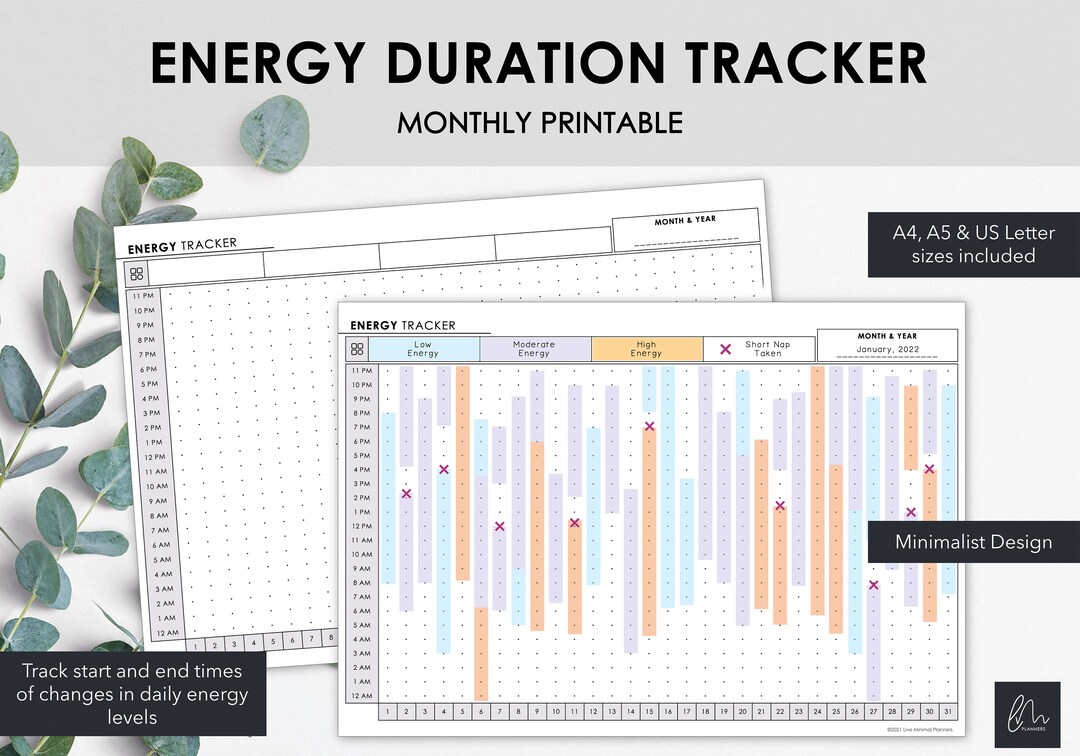 Energy Level Duration Tracker Monthly Printable | Track Daily Energy ...