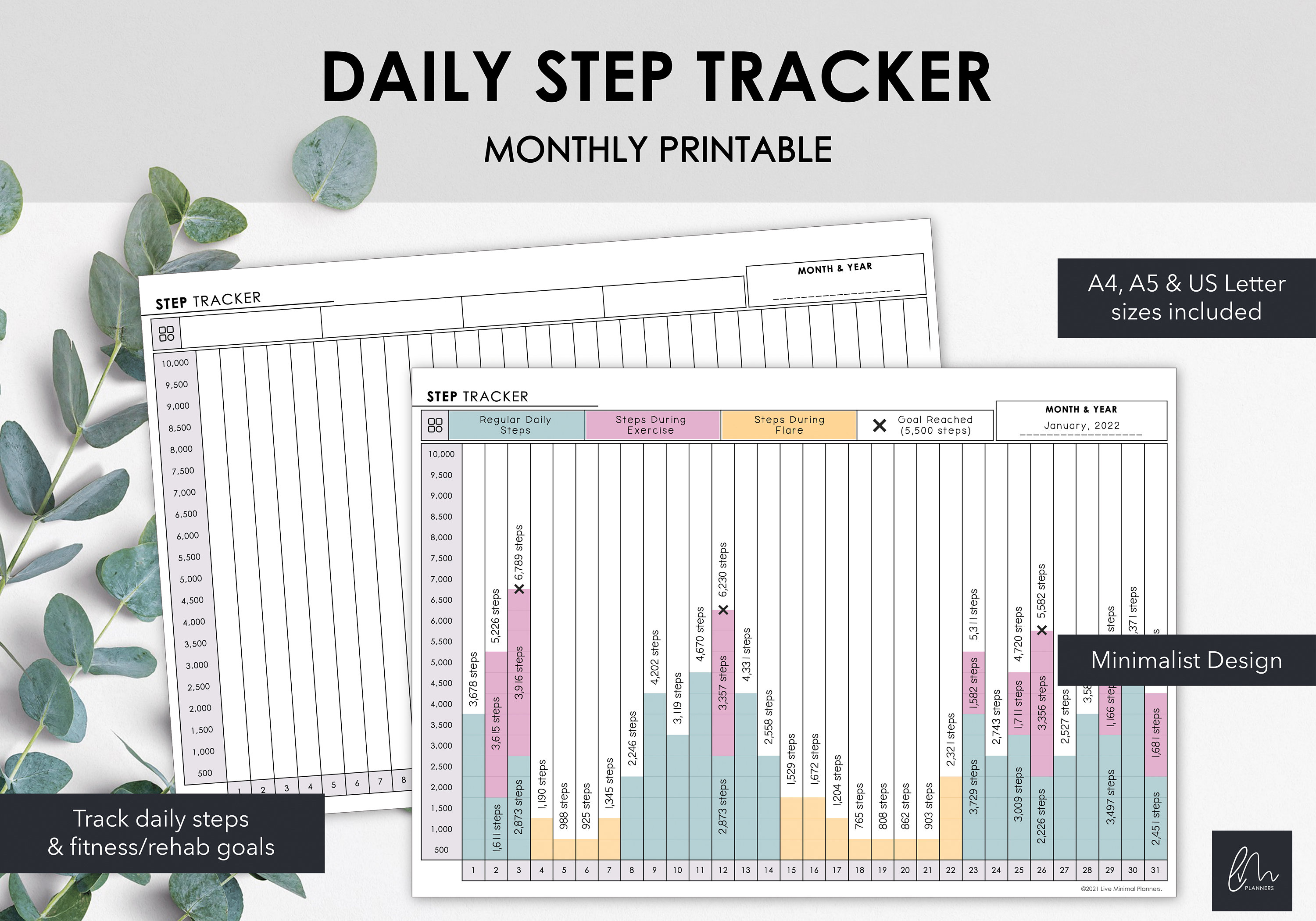 Monthly Step Tracker | Chart Total Daily Steps | Monitor Daily Fitness ...