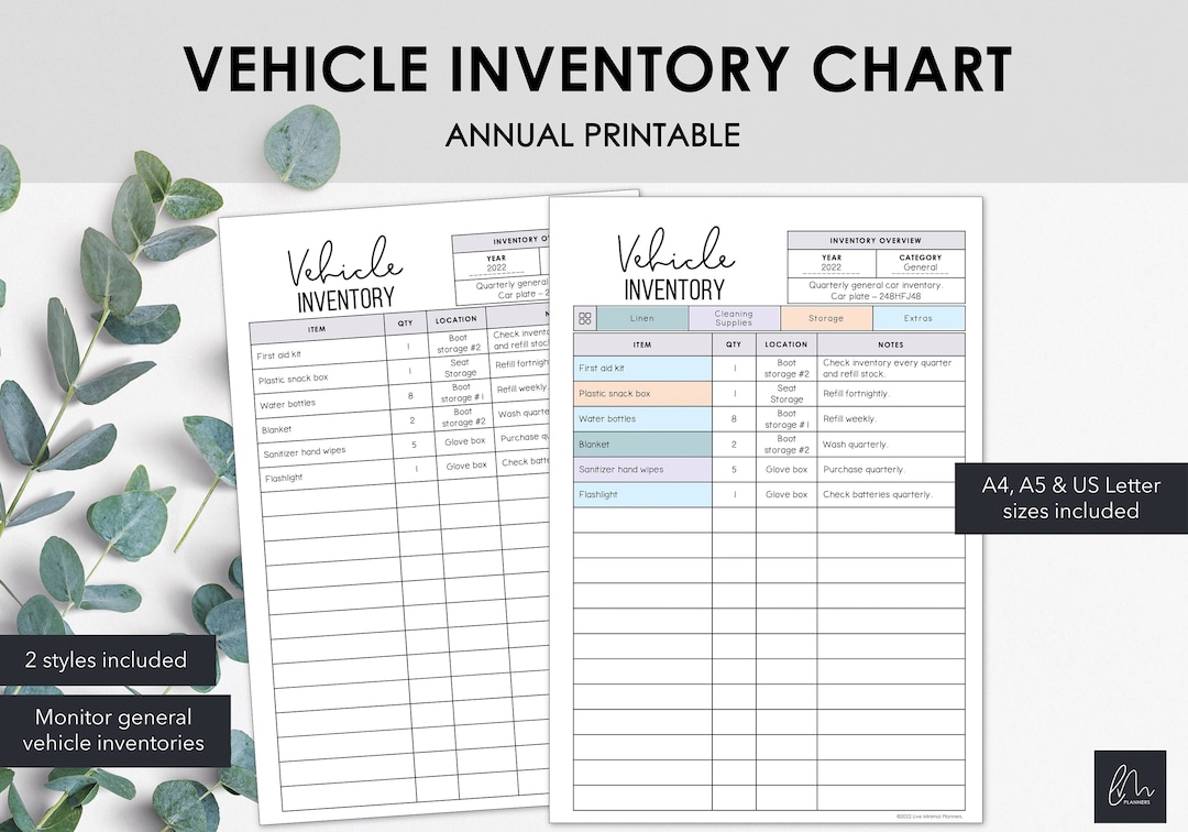 Vehicle Inventory Charts | List Vehicle Related Items in a Printable ...