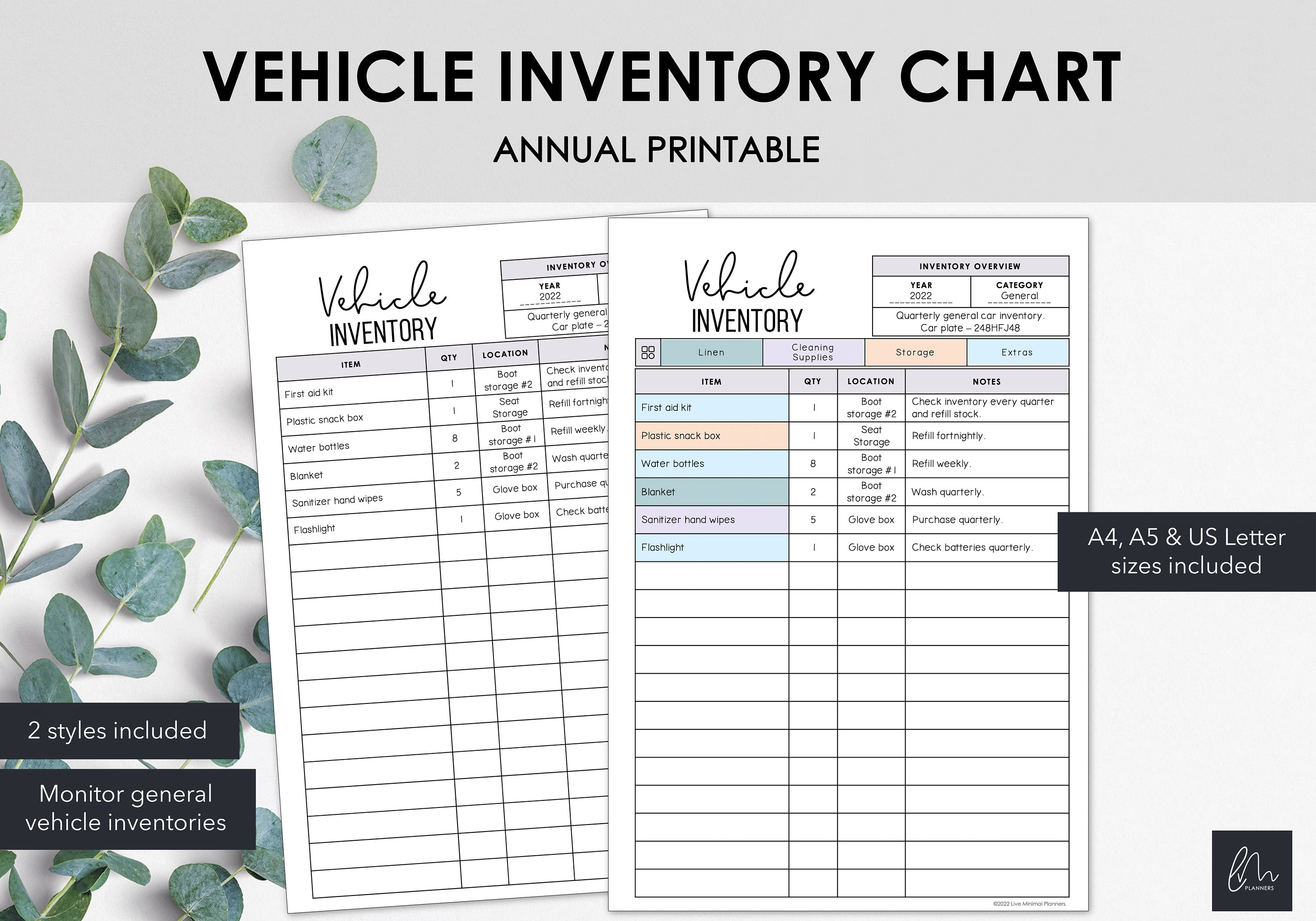 Vehicle Inventory Charts | List Vehicle Related Items in a Printable ...