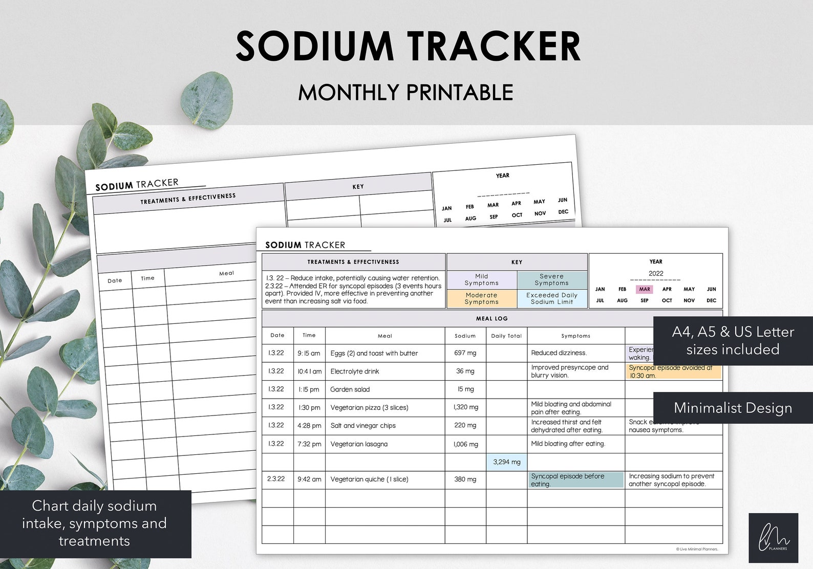 Sodium Intake Tracker | Chart Daily Meals Amount of Sodium Symptoms ...