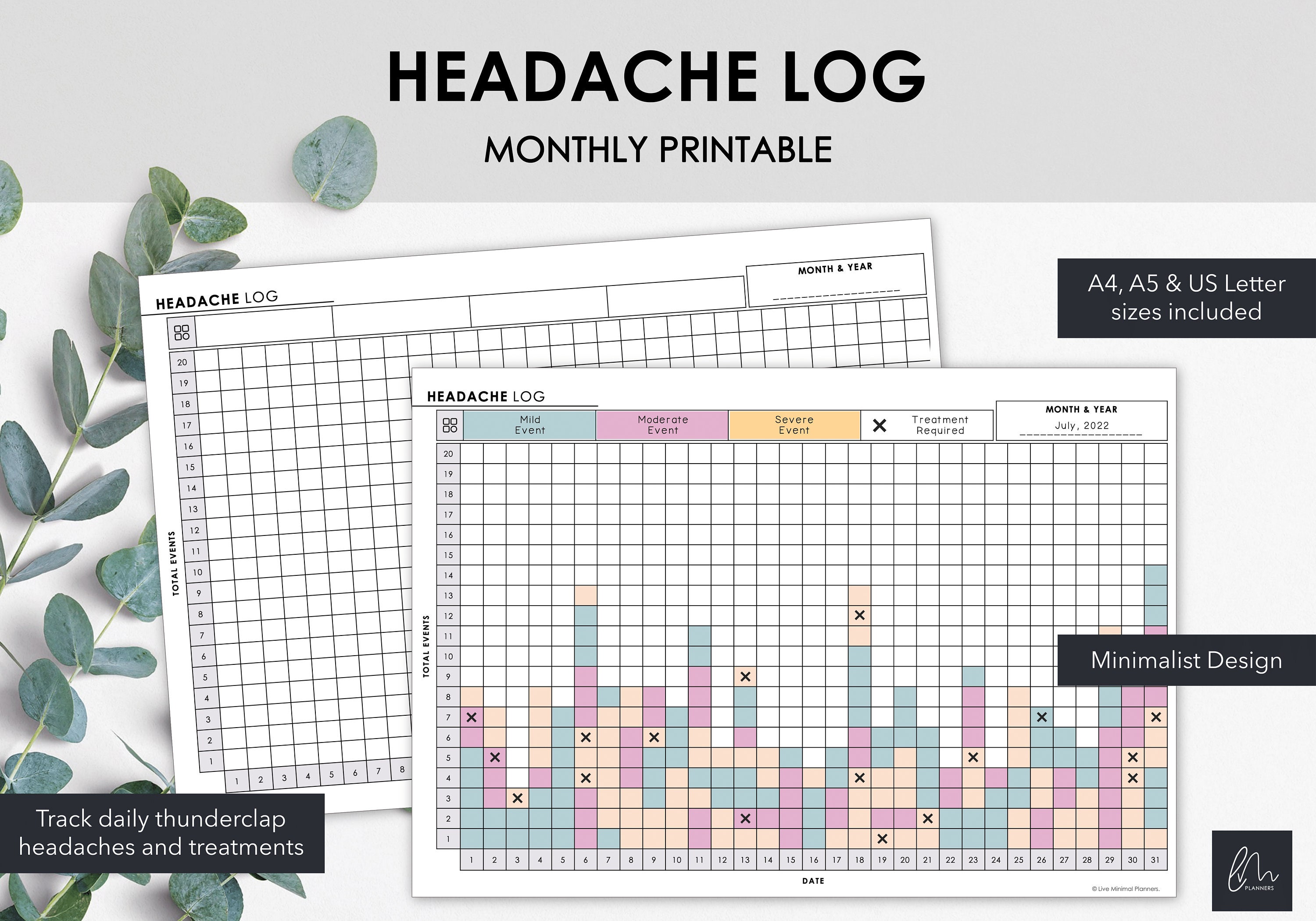 Monthly Thunderclap Headache Log | Chart Daily Headache Events Severity ...