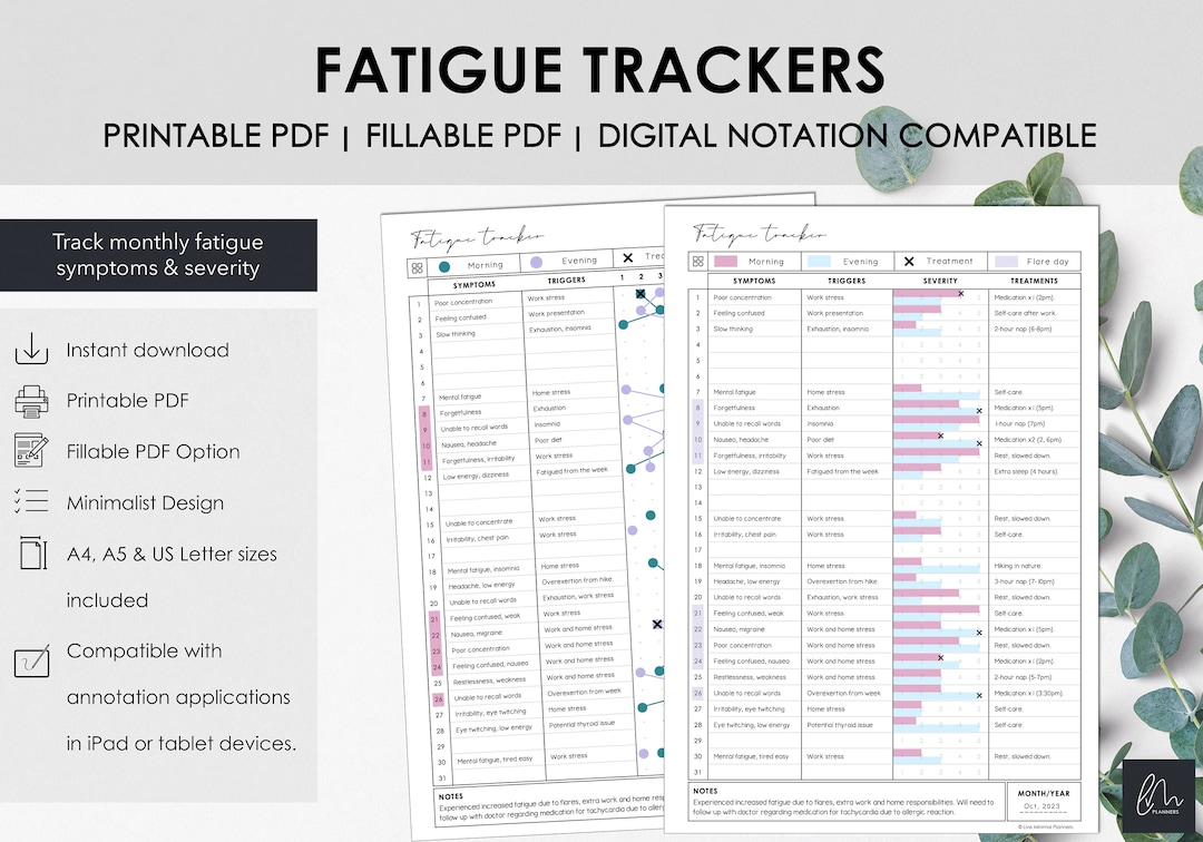 Printable and Fillable Monthly Fatigue Severity Trackers | Track Daily ...