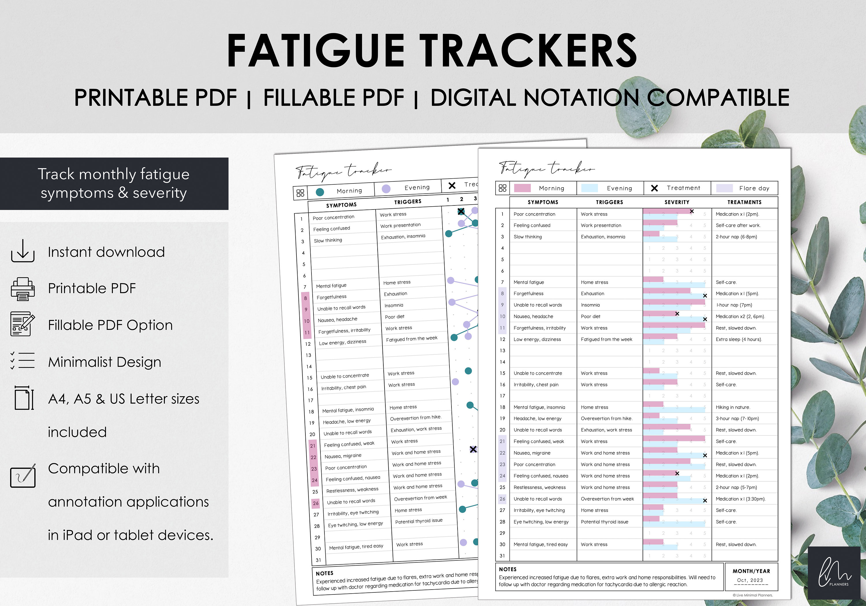 Printable and Fillable Monthly Fatigue Severity Trackers | Track Daily ...