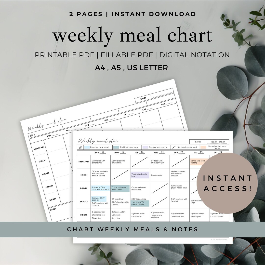 Weekly Meal Chart - Printable Fillable Meal Tracker & Menu Planner for ...