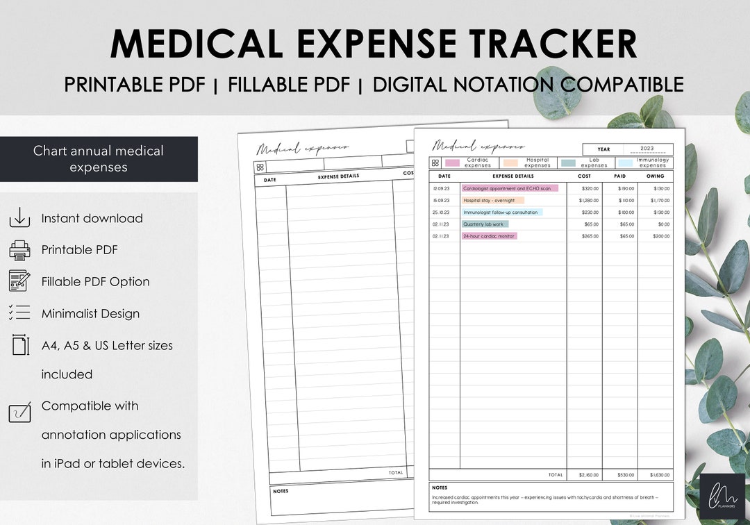 Printable and Fillable Annual Medical Expense Tracker, Chart Chronic ...