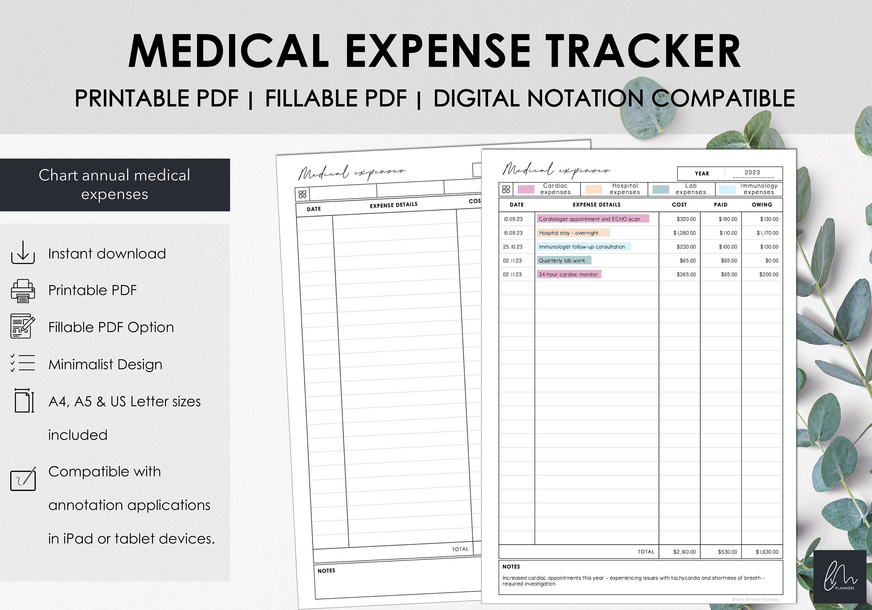 Printable and Fillable Annual Medical Expense Tracker, Chart Chronic ...