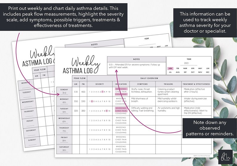 Printable Weekly Asthma Log | Chart Weekly Asthma Symptoms & Severity ...