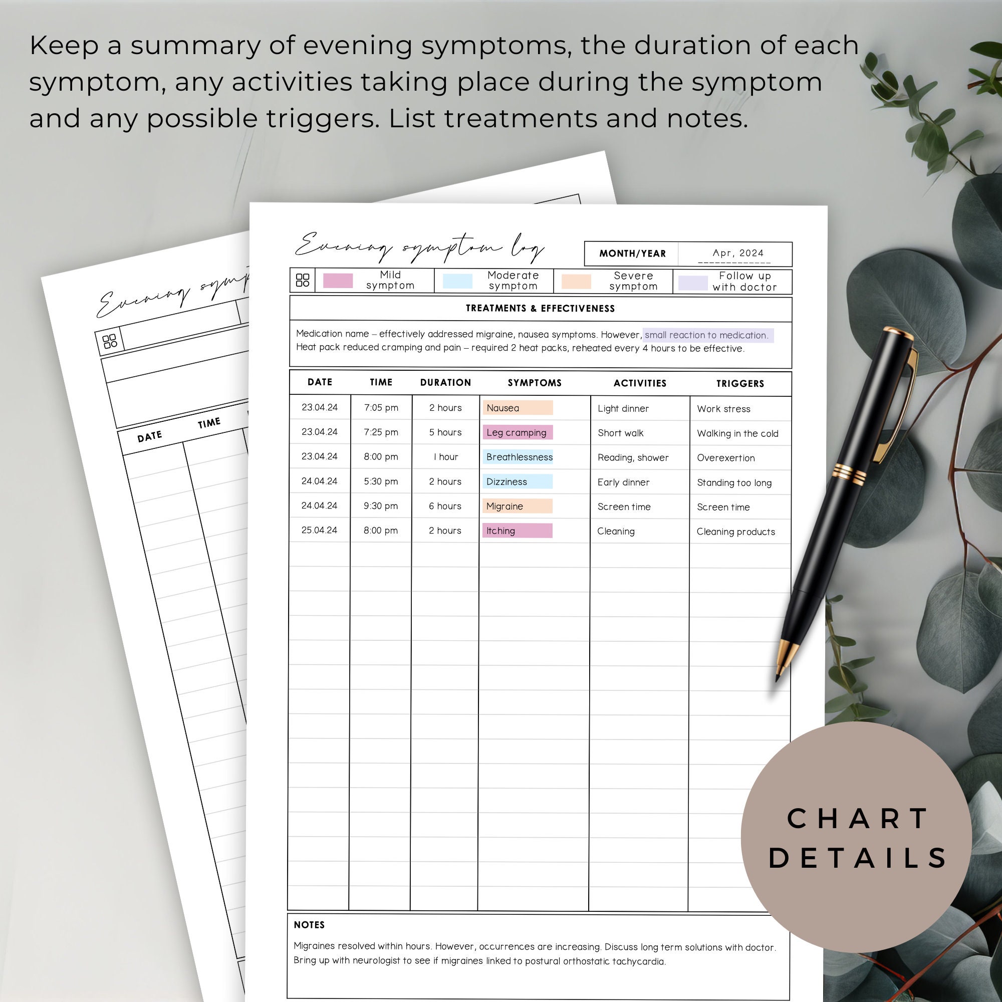 Printable and Fillable Evening Symptom Journal to Chart Evening ...