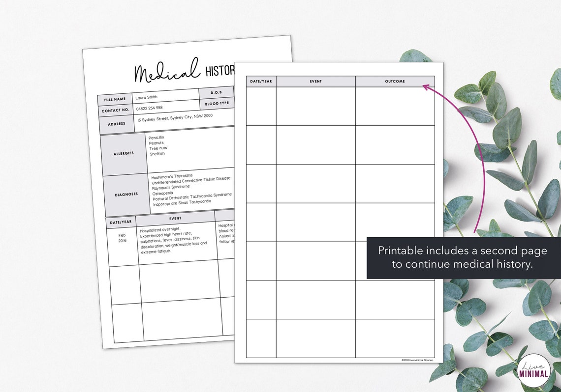 Medical History Chart Printable | Health History Printable | Medical ...