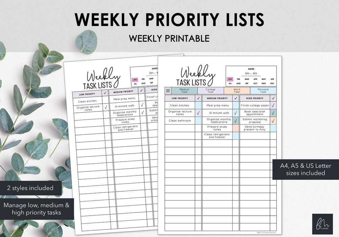 Weekly Task List Printable | Prioritize Weekly Tasks to Manage Brain ...