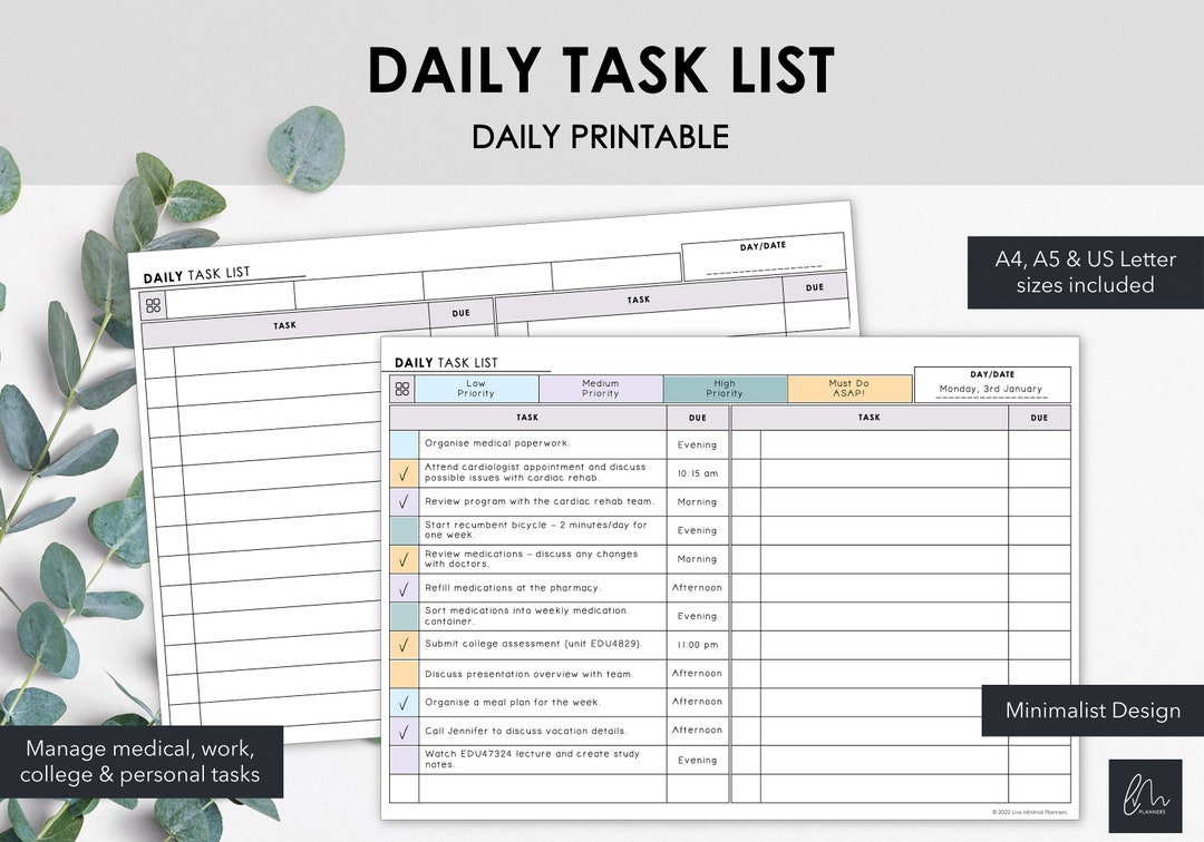 Printable Daily Task List | Manage Medical Personal College & Work ...