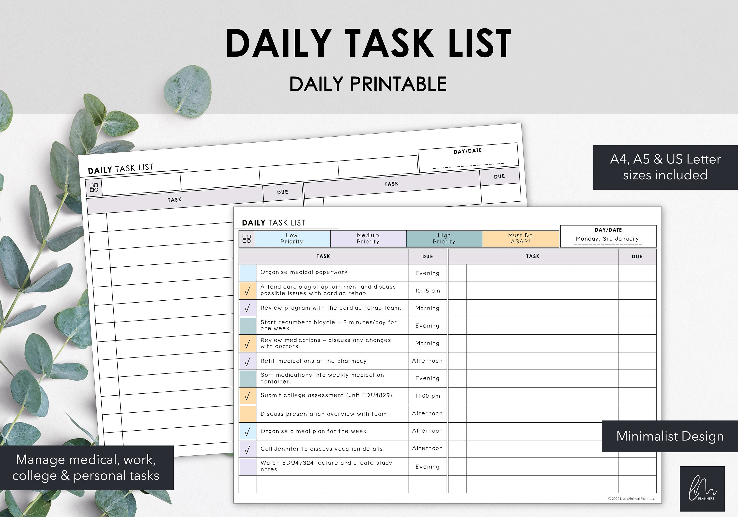 Printable Daily Task List Manage Medical Personal College & Work Tasks ...