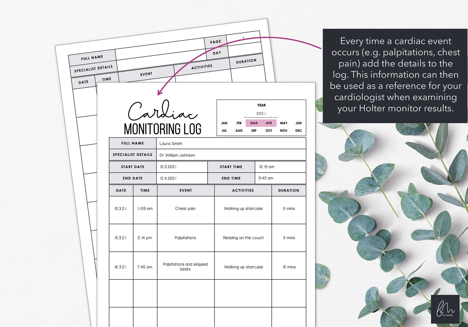 Cardiac Monitoring Log Printable | 24-hour Holter Monitor Diary or 30 ...