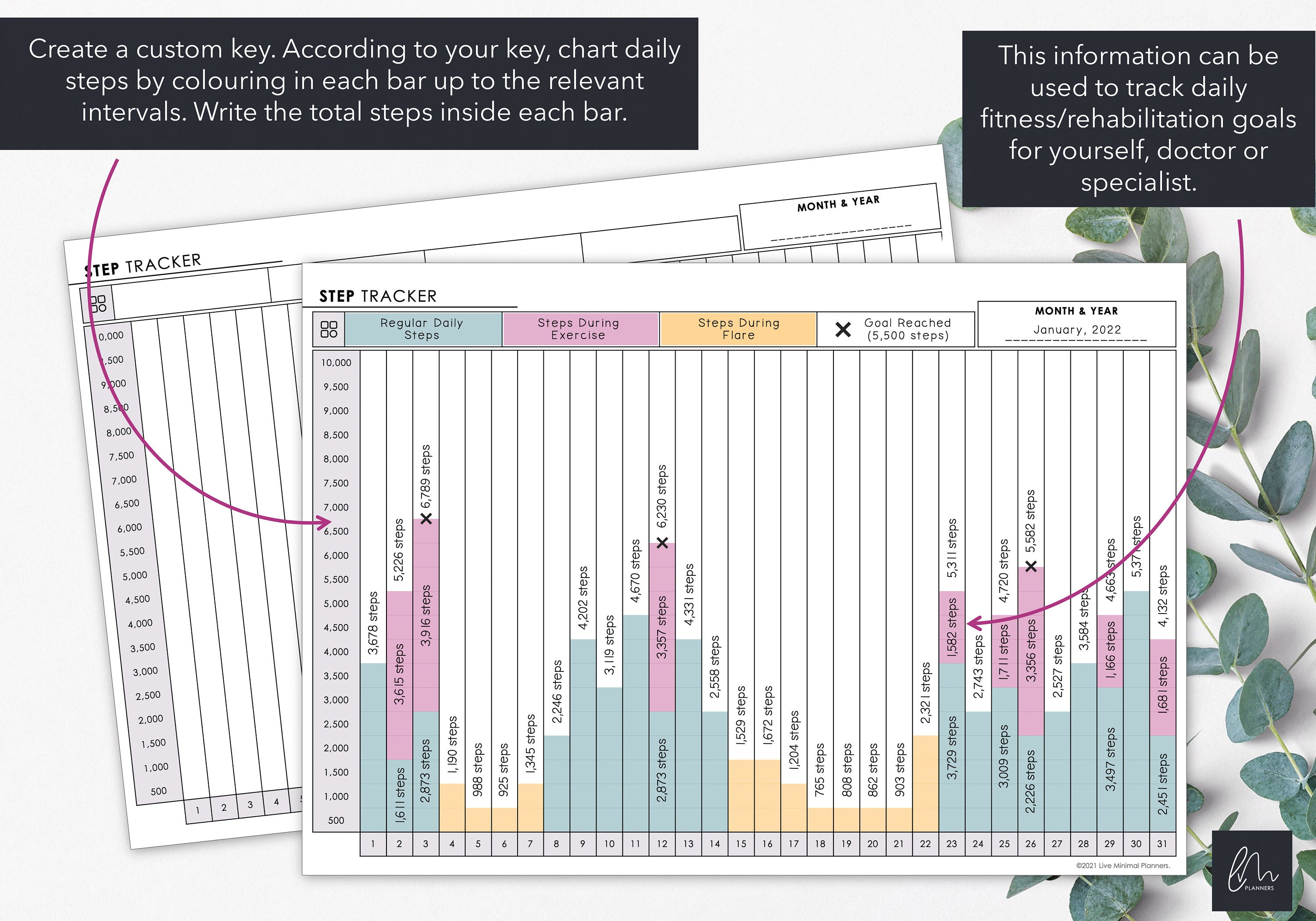 Monthly Step Tracker | Chart Total Daily Steps | Monitor Daily Fitness ...