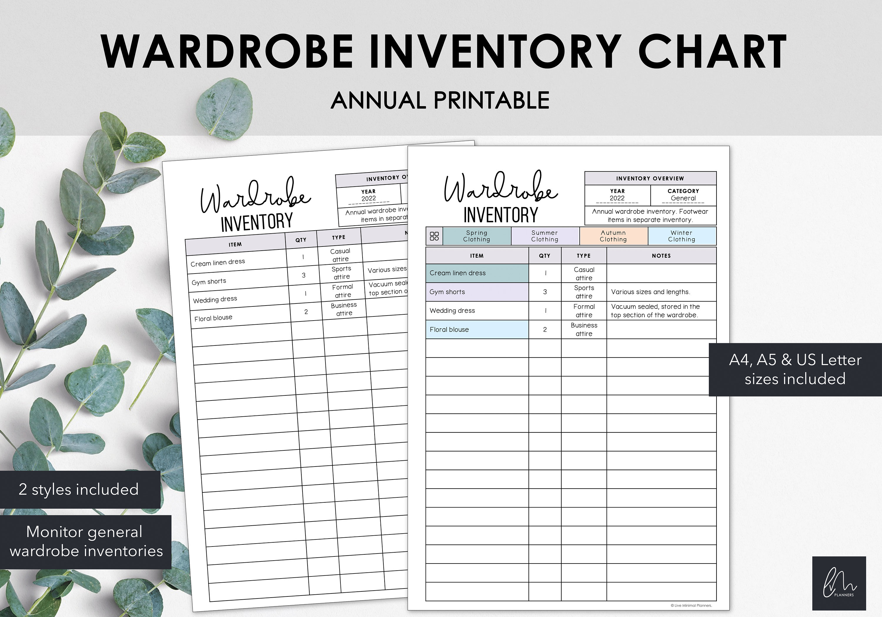 Wardrobe Inventory Charts List Wardrobe Related Items in a - Etsy