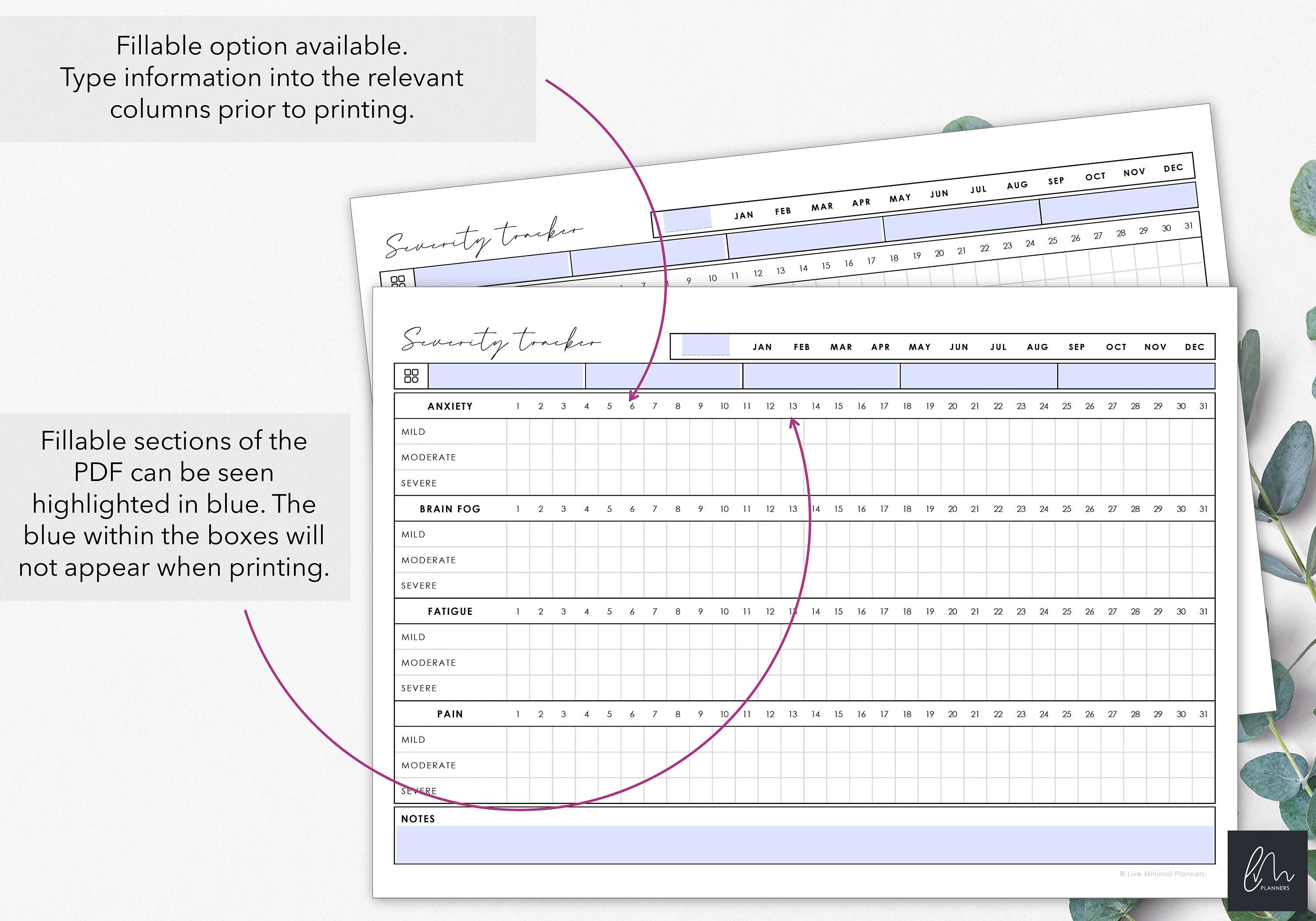 Printable and Fillable Monthly Severity Tracker to Chart Monthly Pain ...