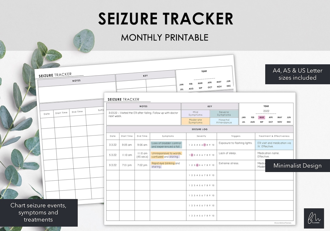 Monthly Seizure Tracker Printable Chart Symptoms & Severity - Etsy México