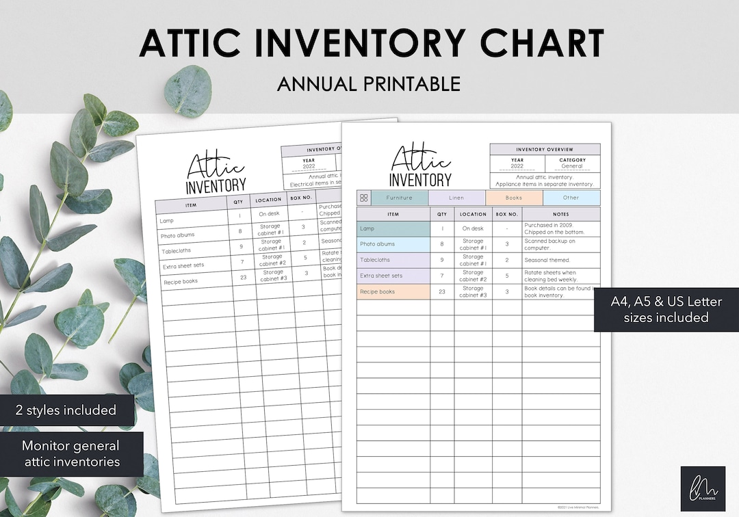Attic Inventory Charts | List Attic Related Items in a Printable ...