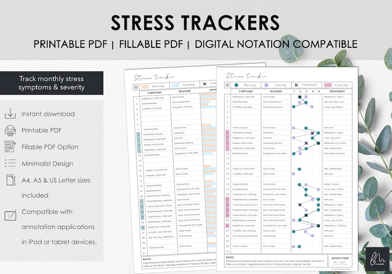 Printable and Fillable Monthly Stress Severity Trackers | Track Daily ...