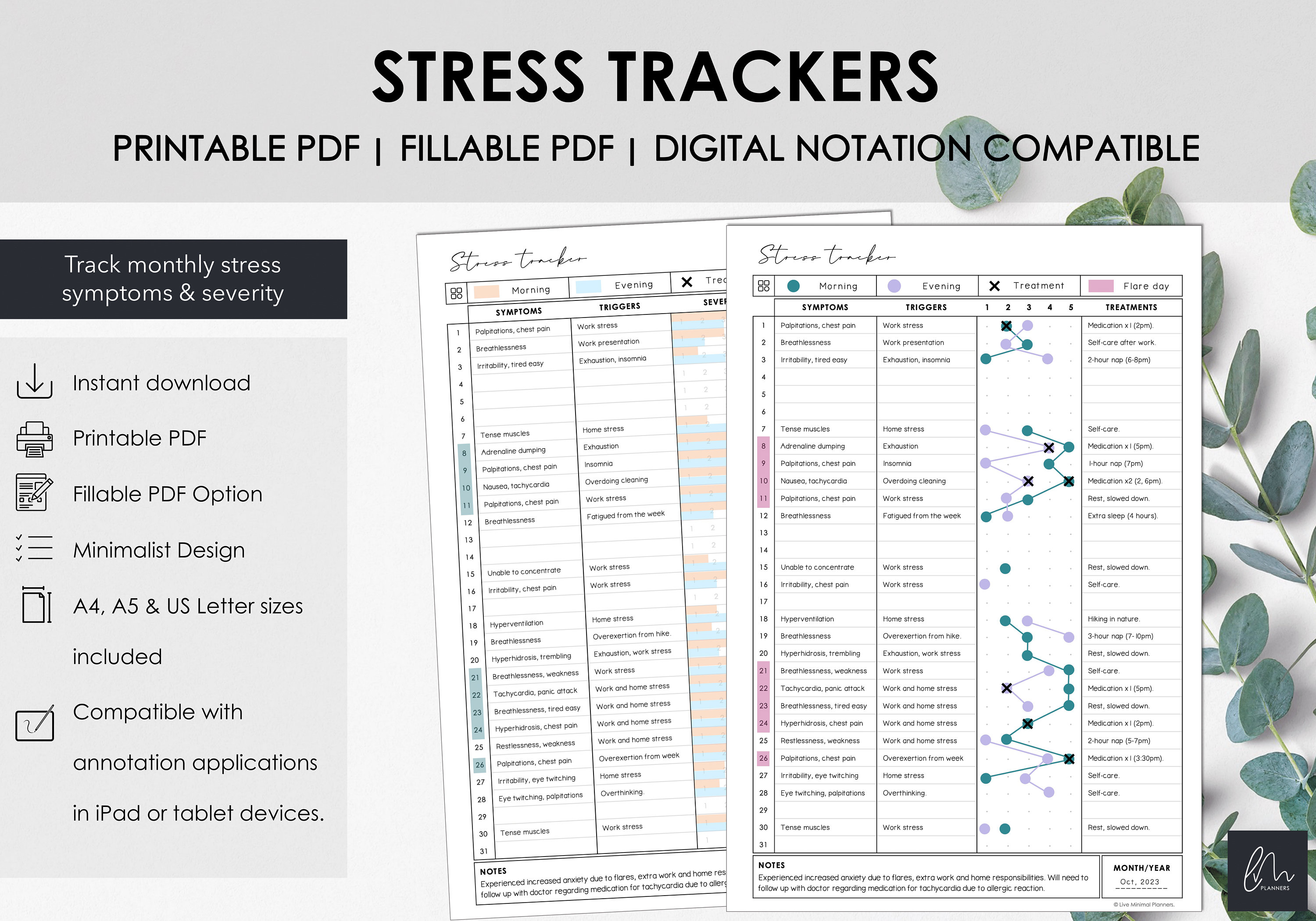 Printable and Fillable Monthly Stress Severity Trackers | Track Daily ...
