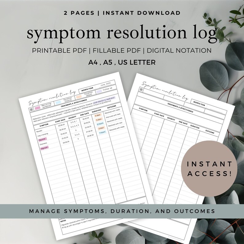 Printable and Fillable Symptom Resolution Log to Track Treatments ...