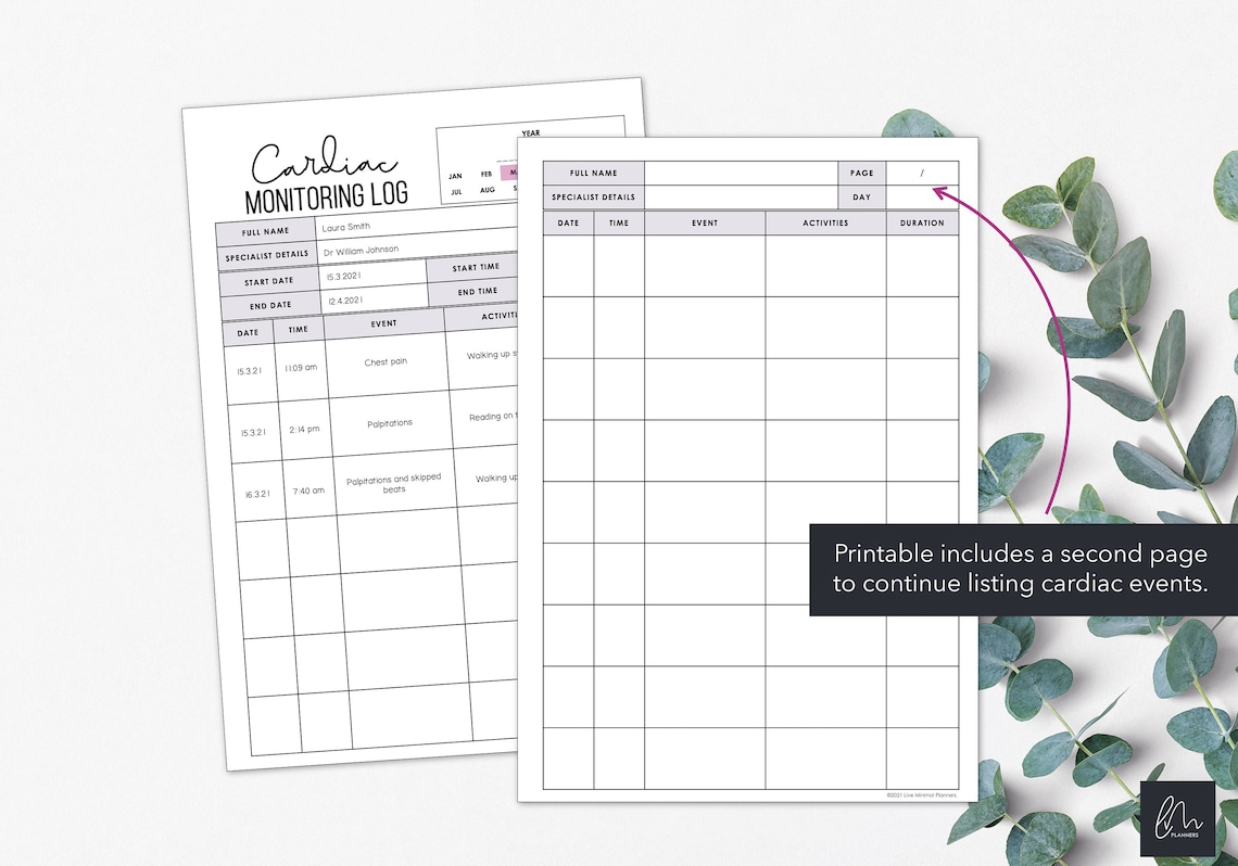 Cardiac Monitoring Log Printable | 24-hour Holter Monitor Diary or 30 ...