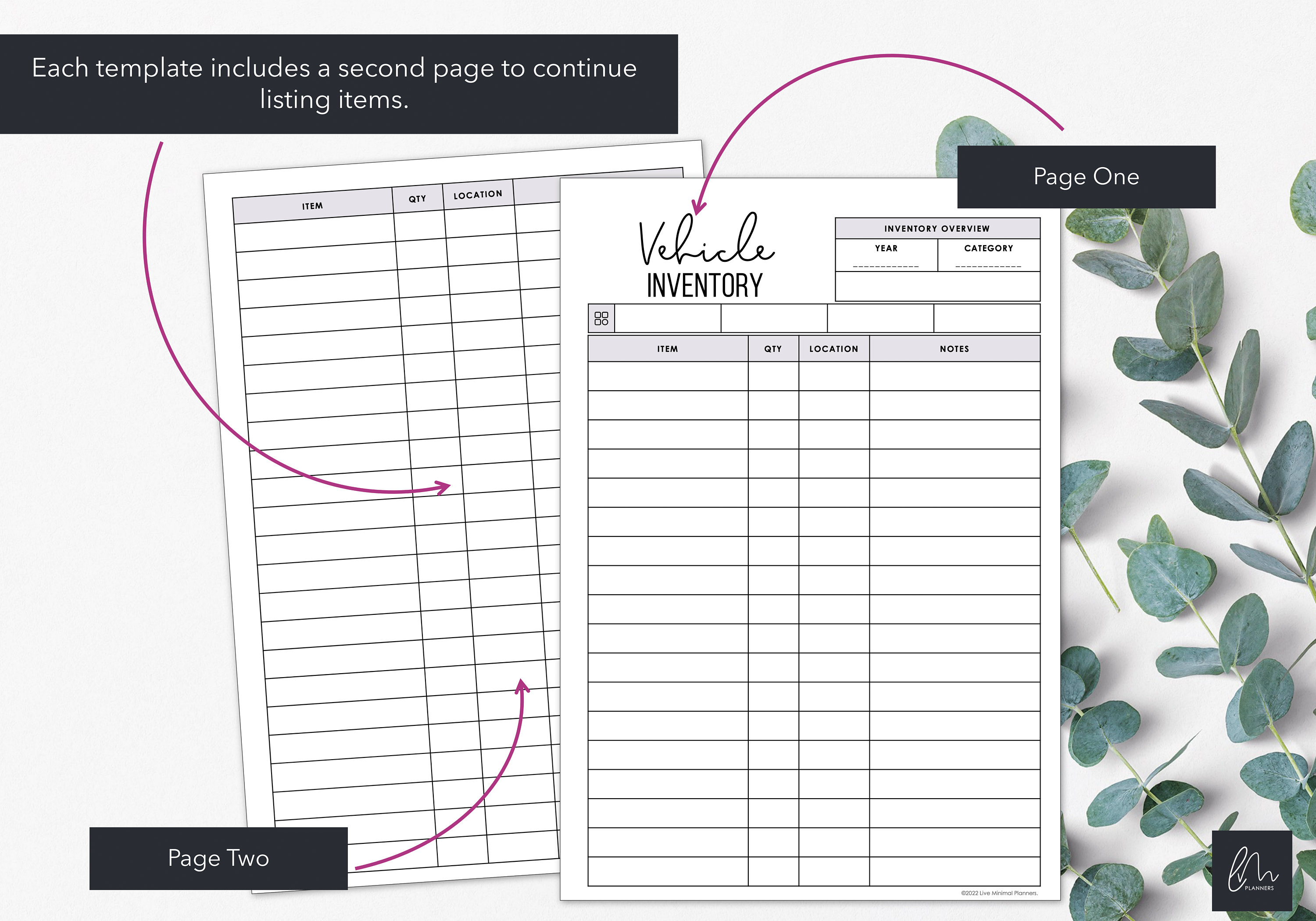Vehicle Inventory Charts List Vehicle Related Items in a Printable ...