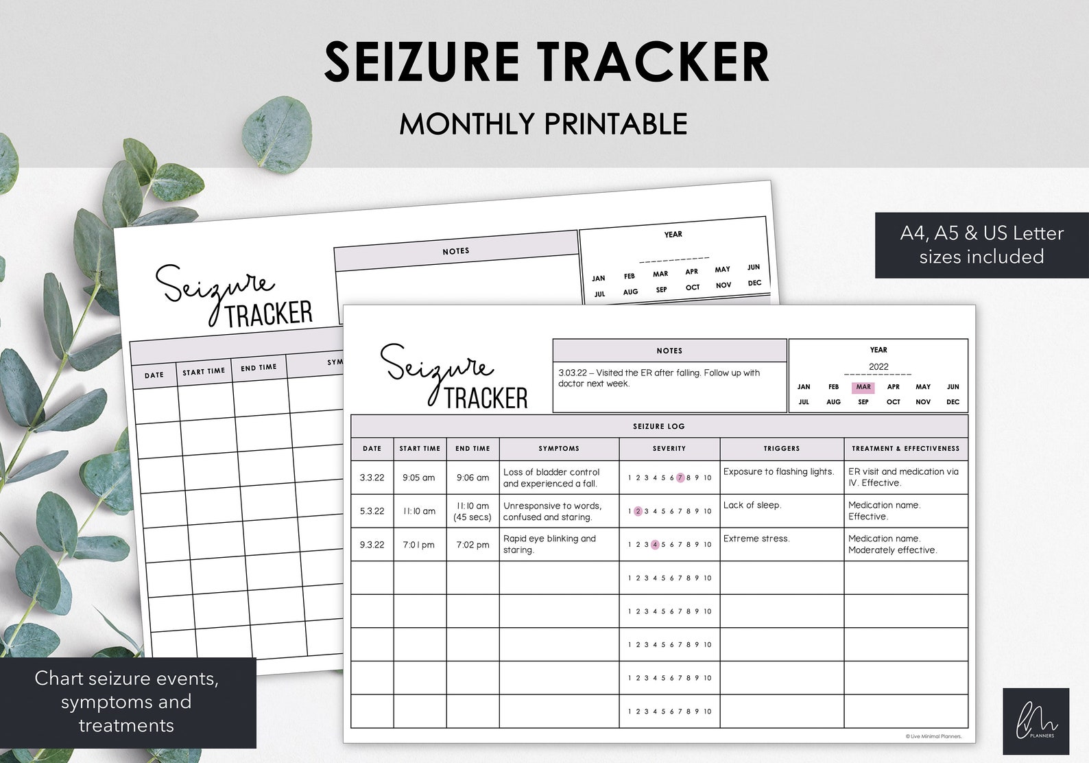 Monthly Seizure Tracker Printable | Chart Symptoms & Severity of ...