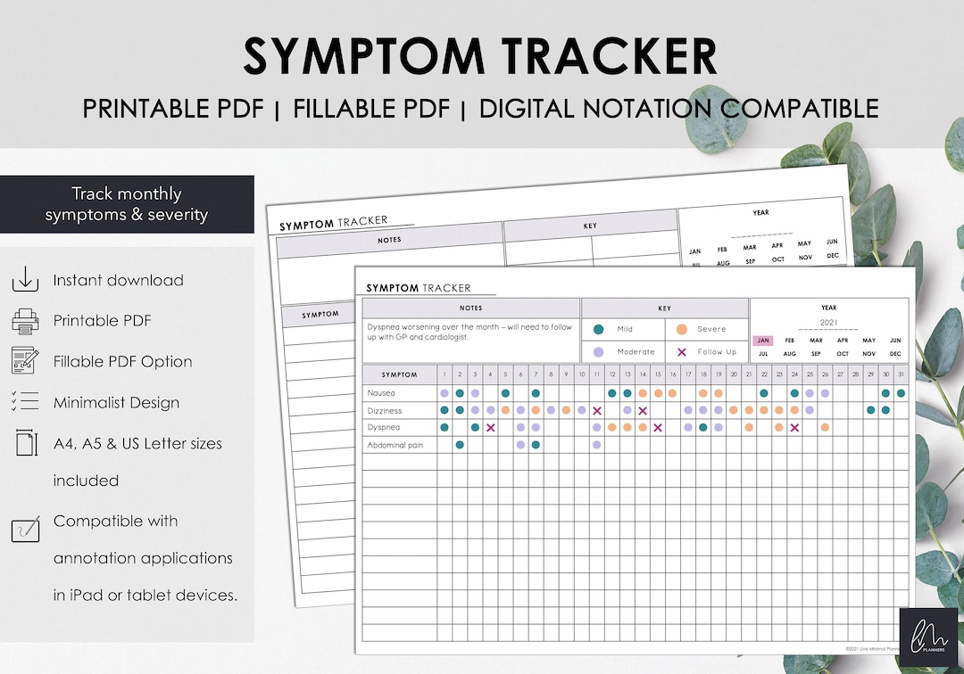 Printable and Fillable Monthly Symptom Tracker | Chart Monthly Symptom ...