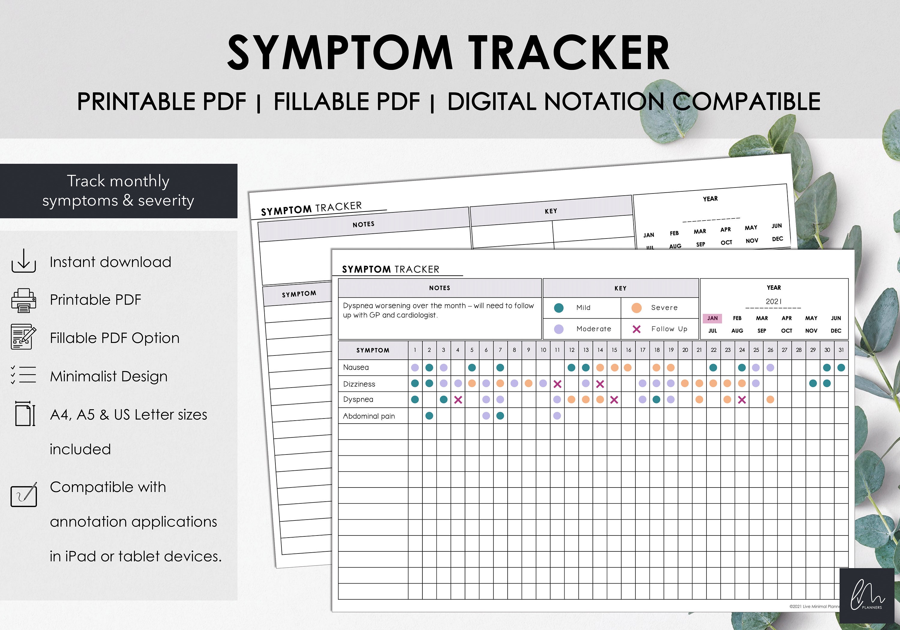 Printable and Fillable Monthly Symptom Tracker | Chart Monthly Symptom ...
