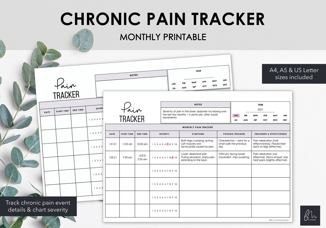 Monthly Chronic Pain Tracker | Chart Pain Events Symptoms & Severity ...