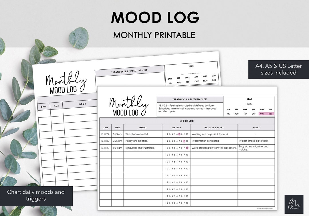 Monthly Mood Log | Track Daily Mood & Monitor Causes of Mood Changes ...