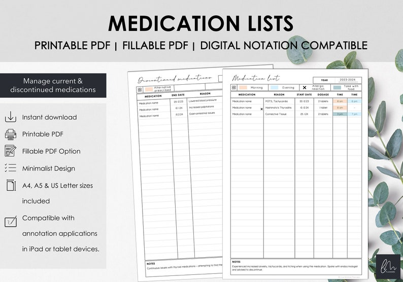 Printable and Fillable Medication Lists – Manage Current & Discontinued ...