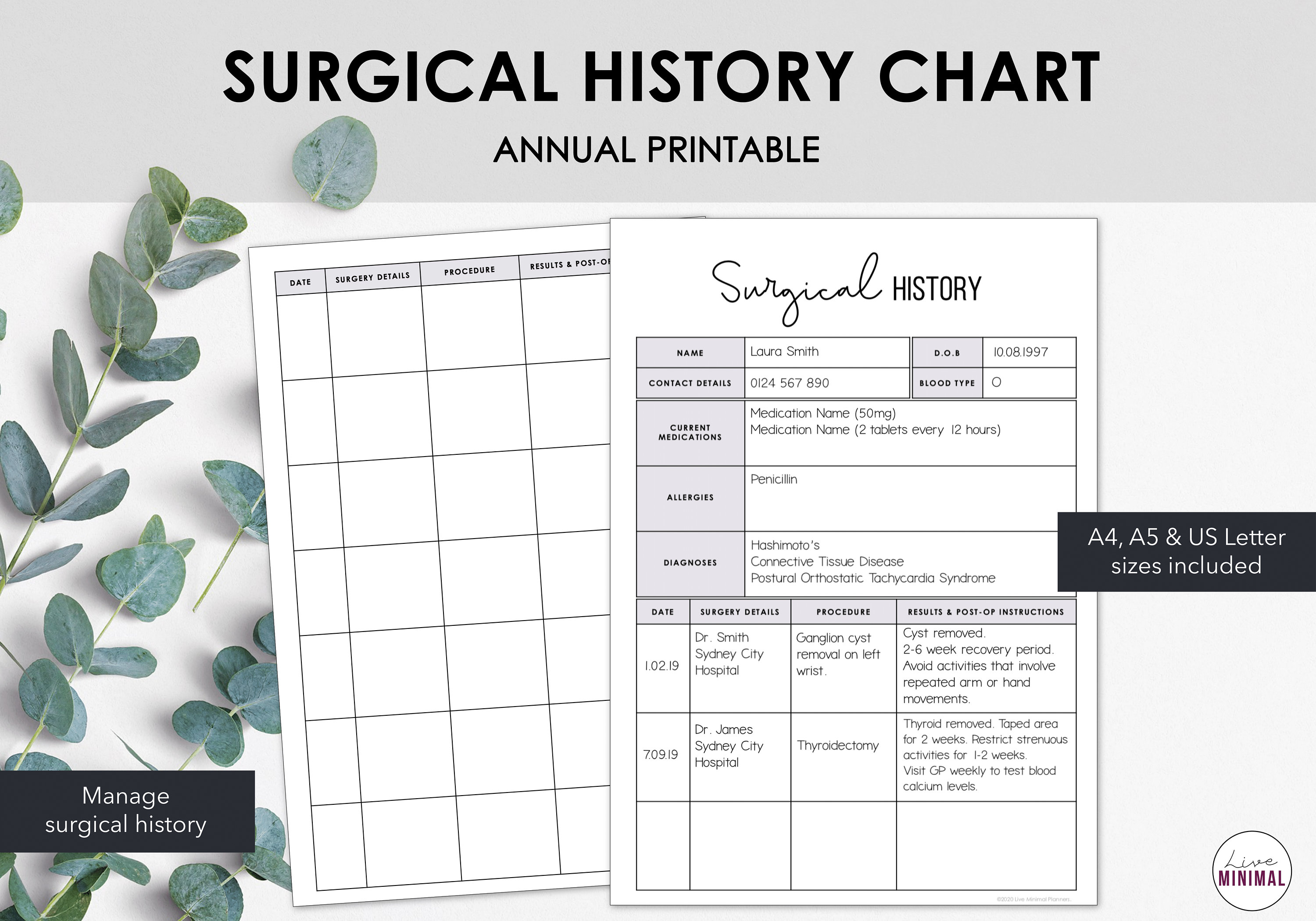 Surgical History Chart Printable | Printable Chart to Manage Historical ...