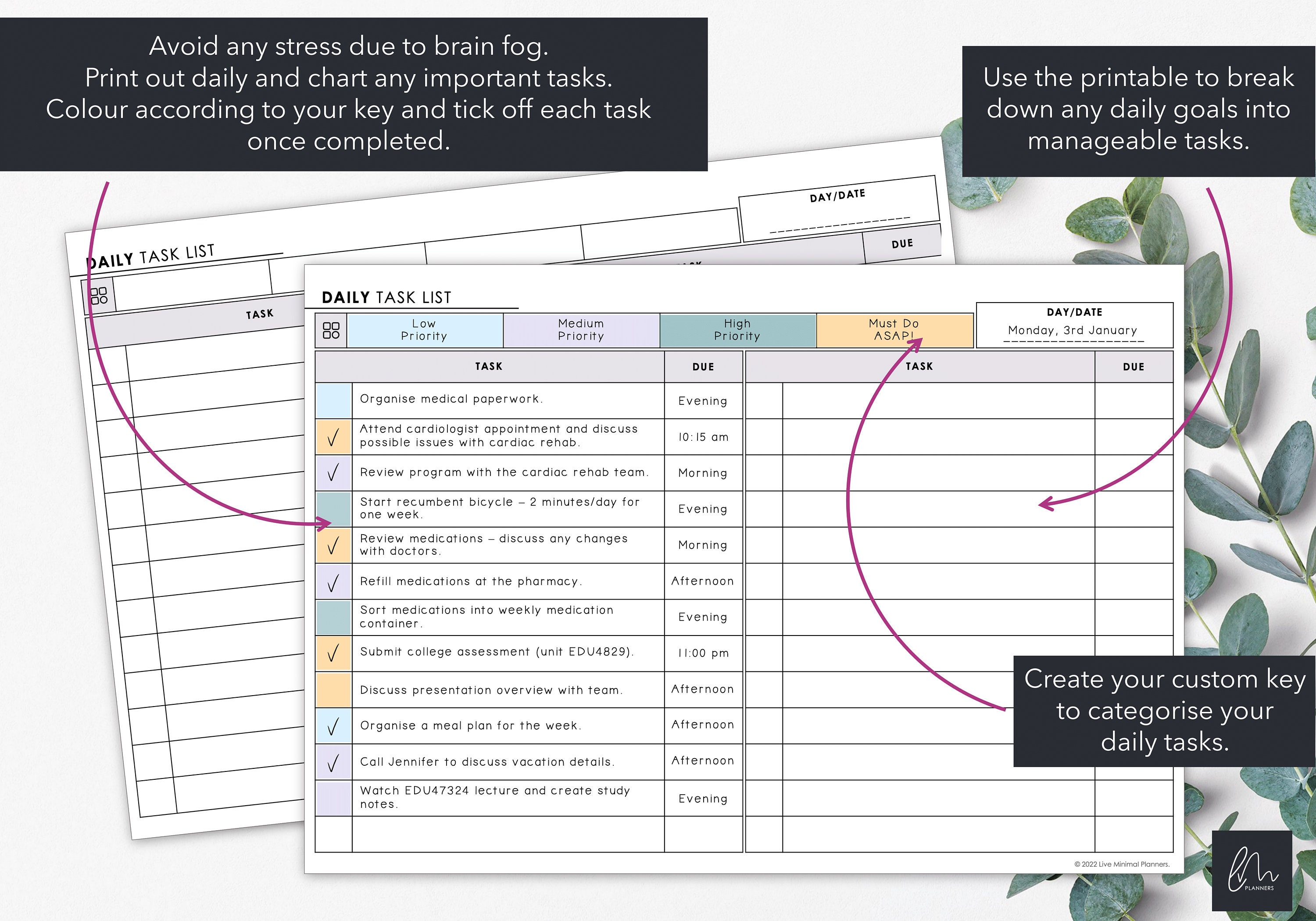 Printable Daily Task List Manage Medical Personal College & Work Tasks ...
