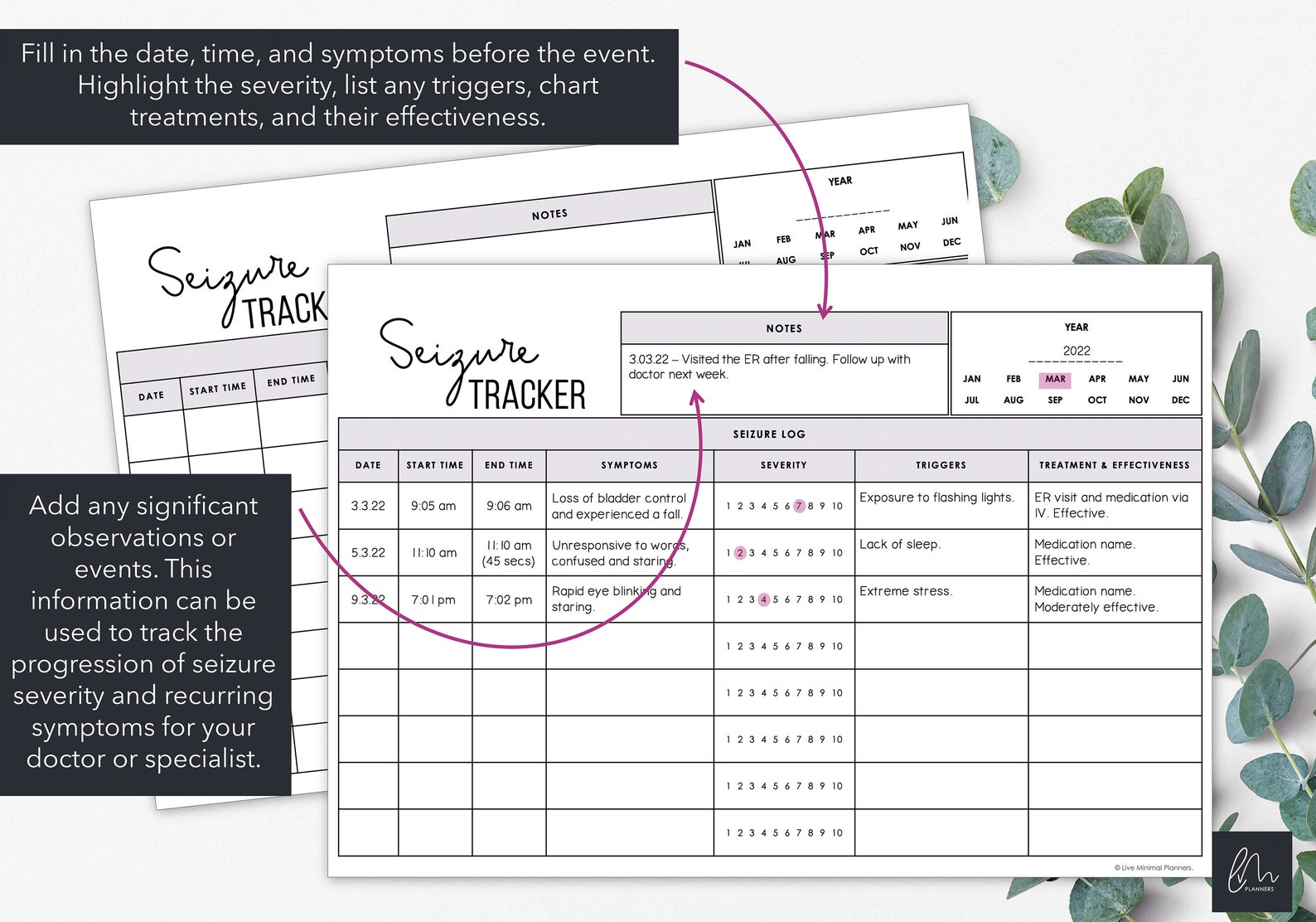 Monthly Seizure Tracker Printable | Chart Symptoms & Severity of ...