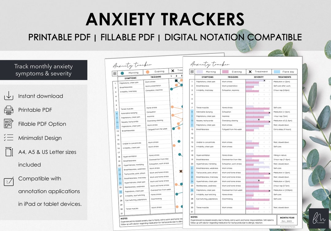 Printable and Fillable Monthly Anxiety Severity Trackers | Track Daily ...