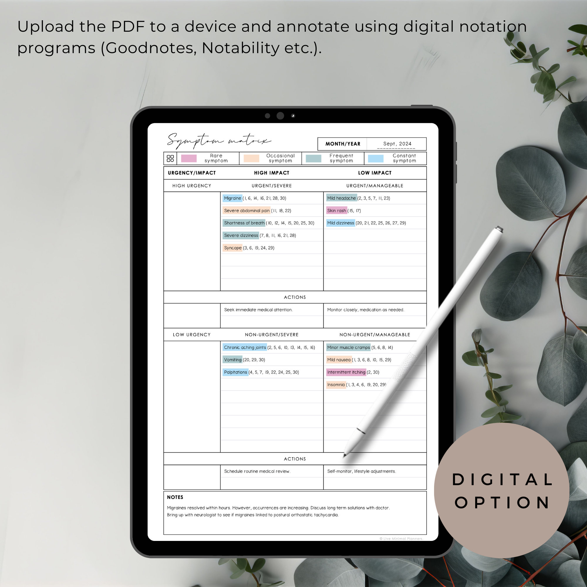 Printable and Fillable Monthly Symptom Matrix Chart to Track Symptom ...